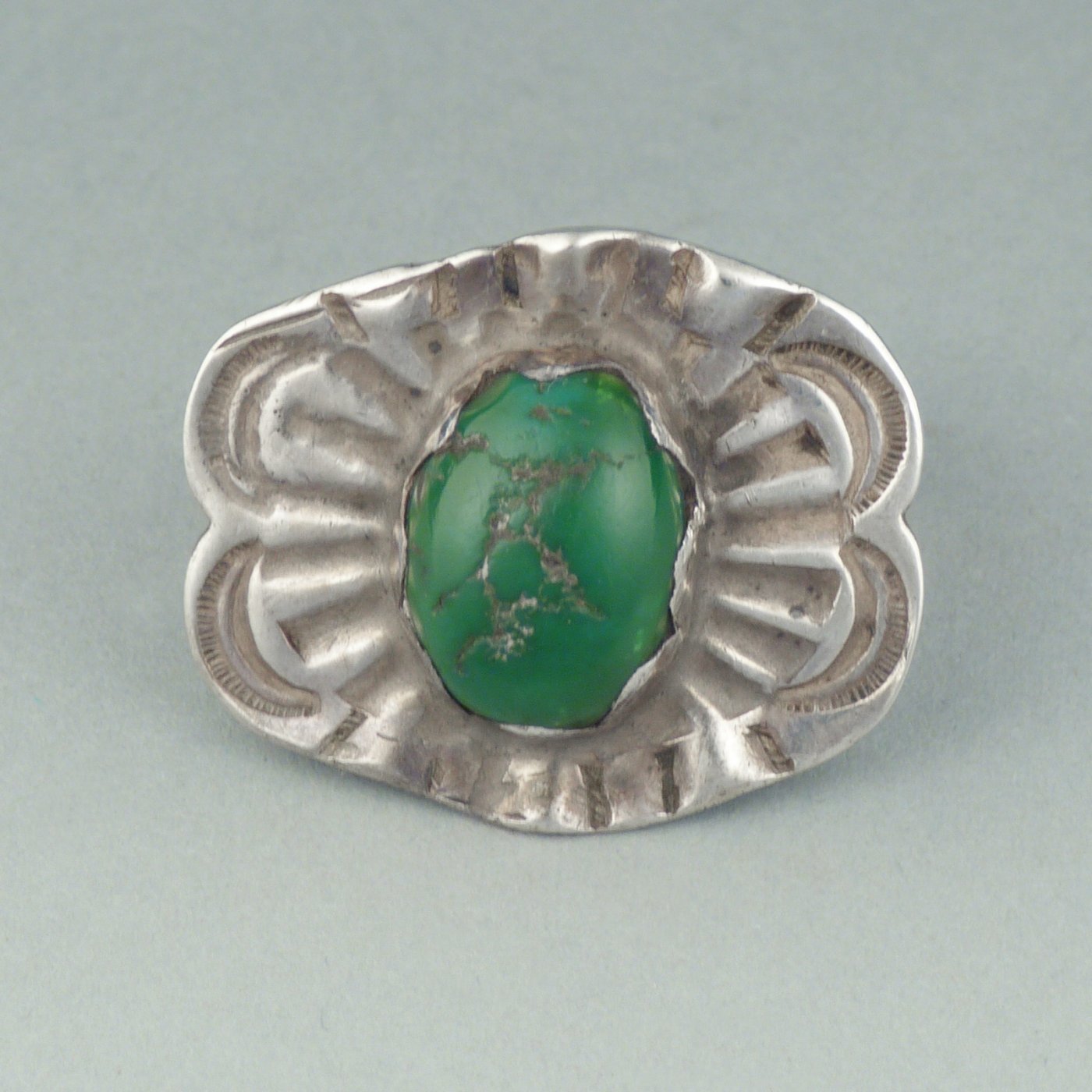 Navajo Stamped Silver Button Ring with Green Turquoise Cabochon, c.1920 ...
