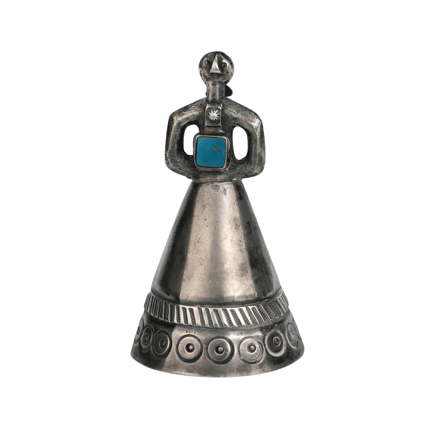 Navajo Stamped Silver Bell with Figure and Turquoise Cabochon, c.1940 ...