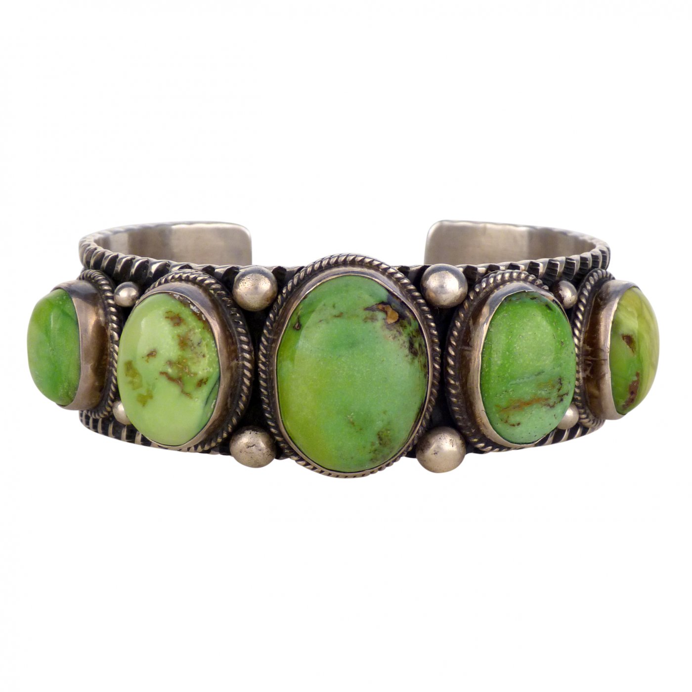 Darrell Cadman, Navajo Stamped Silver Bracelet with Five Orville Jack ...