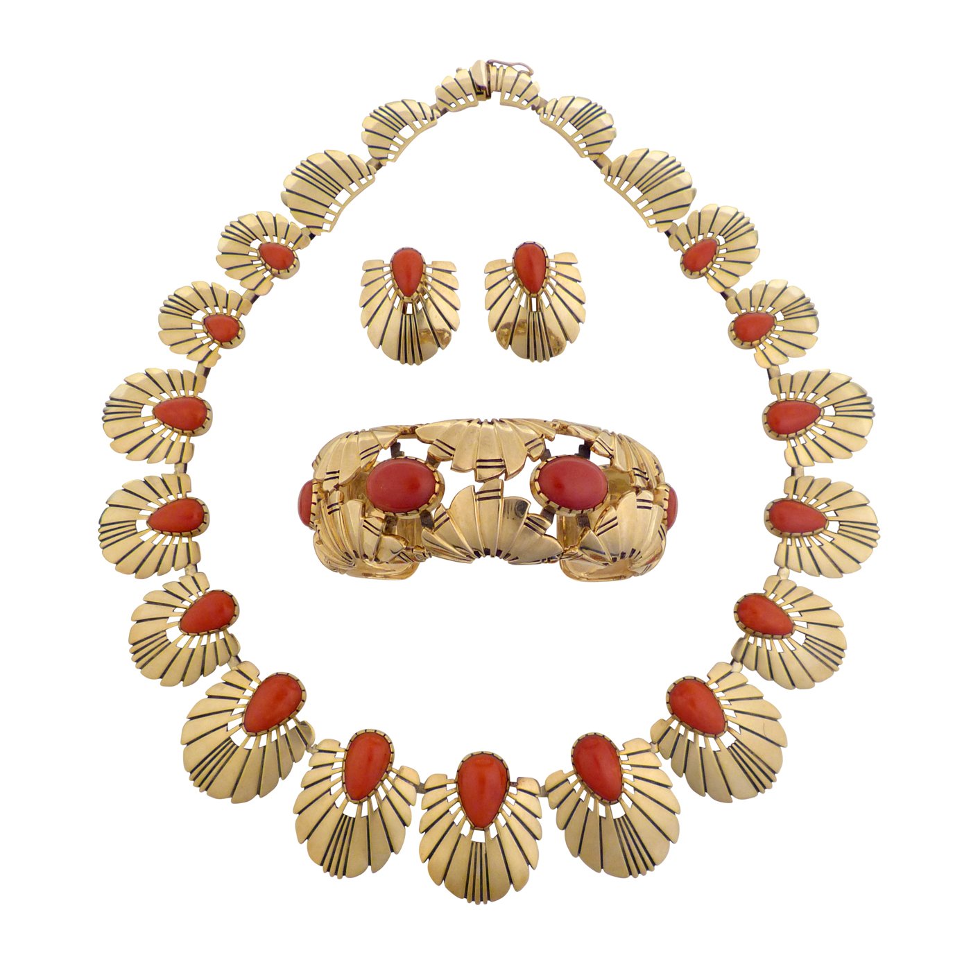 Harvey Begay, Navajo Gold and Coral Necklace, Bracelet and Earring Set ...