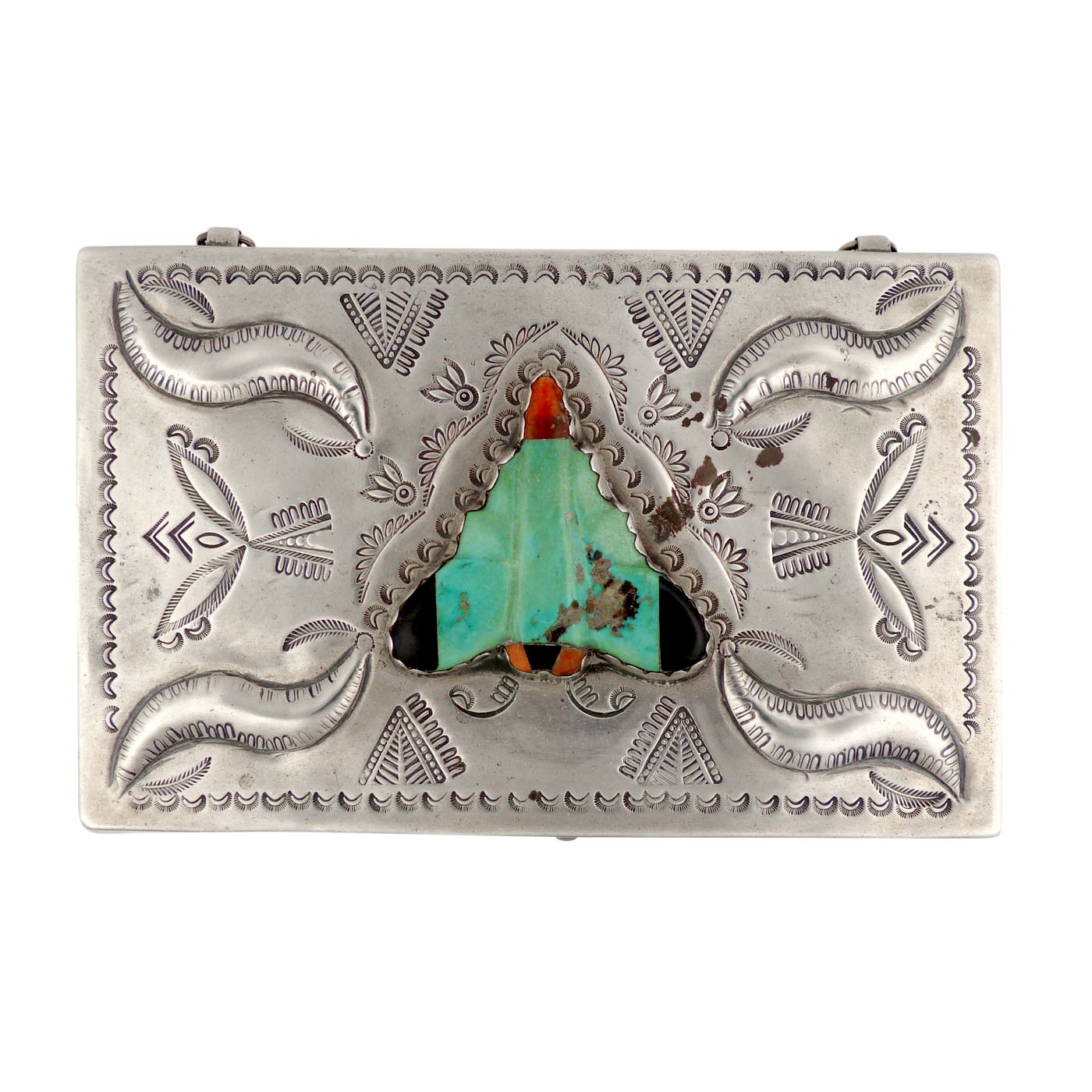 Navajo/Zuni Stamped Silver Box with Repousse and Inlay, c.1940 ...