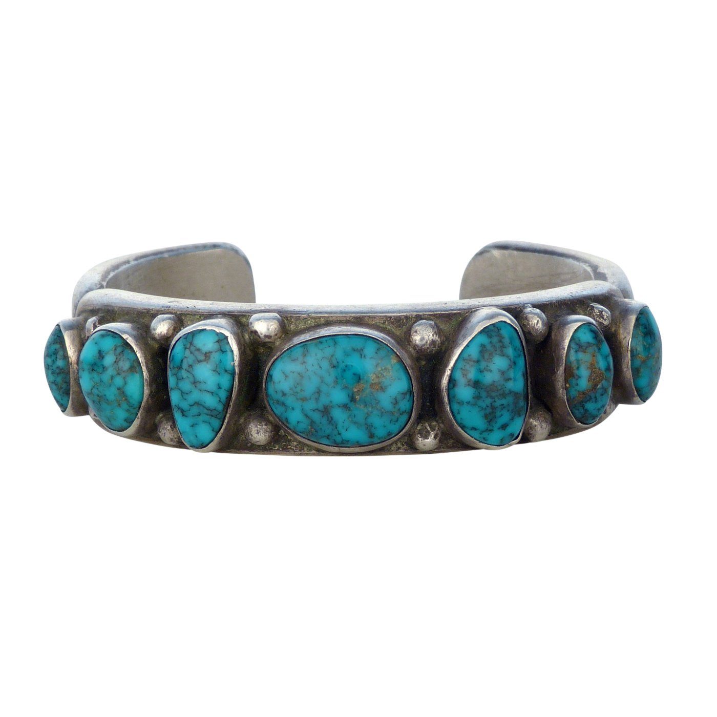 Mark Chee, Navajo Chiseled Silver Row Bracelet with Seven Lone Mountain ...