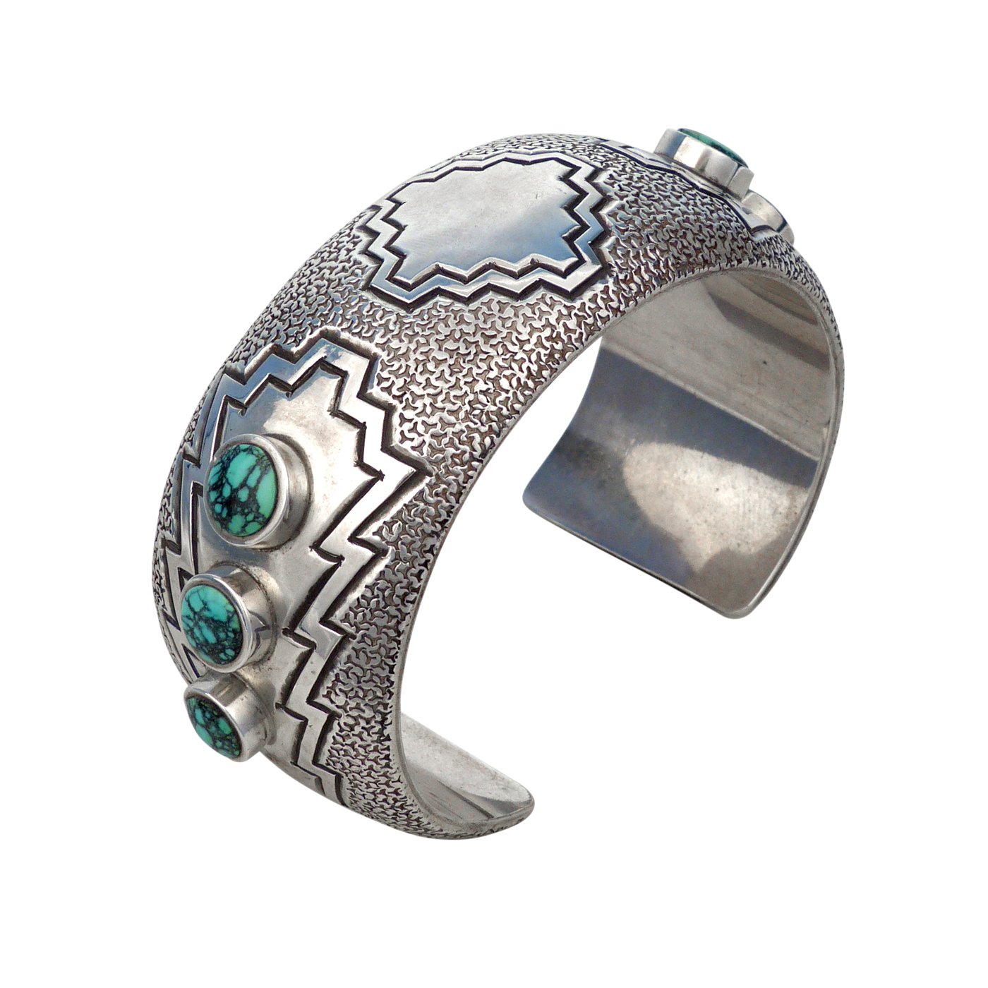 Harvey Begay, Navajo Silver Hollow Form Bracelet with Six Turquoise ...