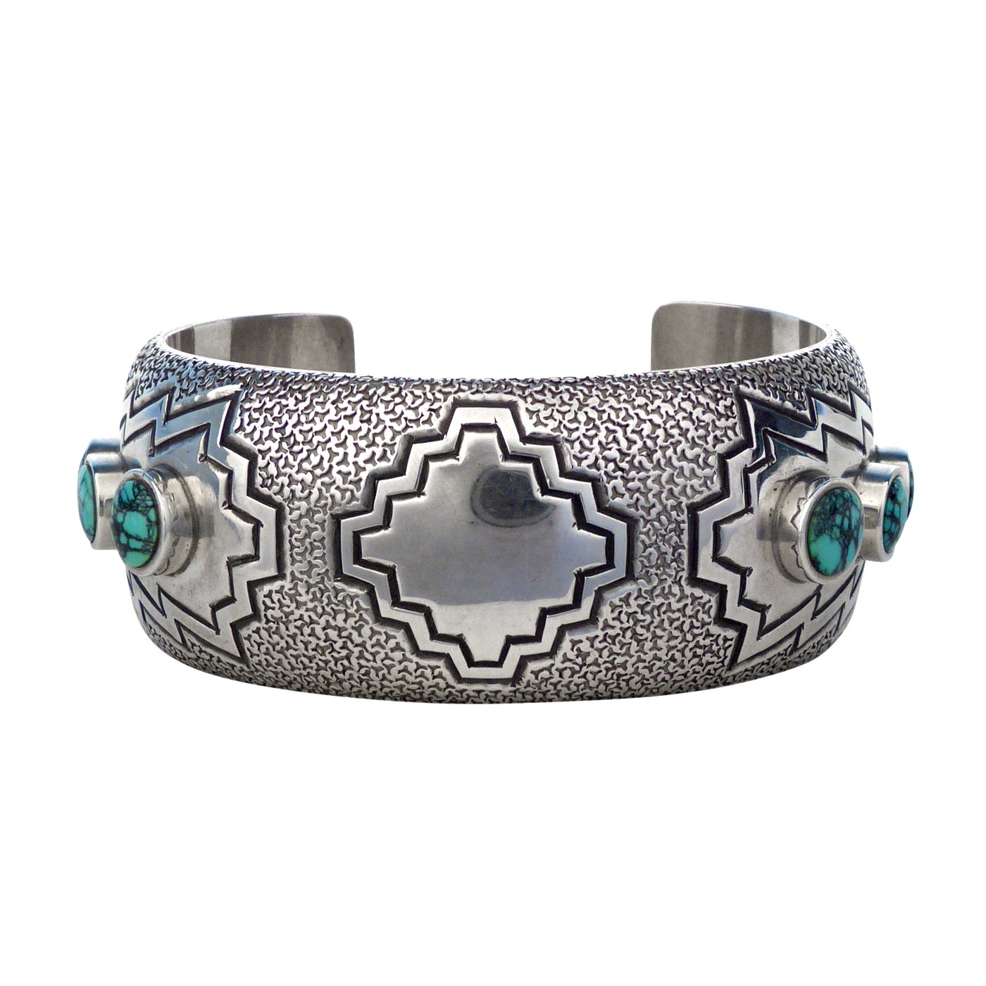Harvey Begay, Navajo Silver Hollow Form Bracelet with Six Turquoise ...