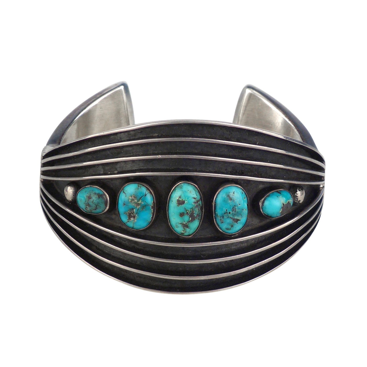 Johnny Mike Begay, Navajo Silver Bracelet with Five Turquoise Cabochons ...