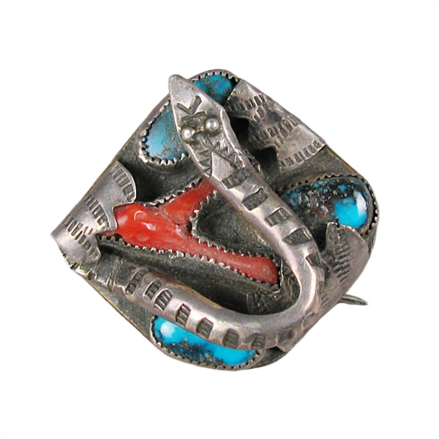Zuni Snake Pin with Bisbee & Coral by Dan Simplicio | Shiprock Santa Fe