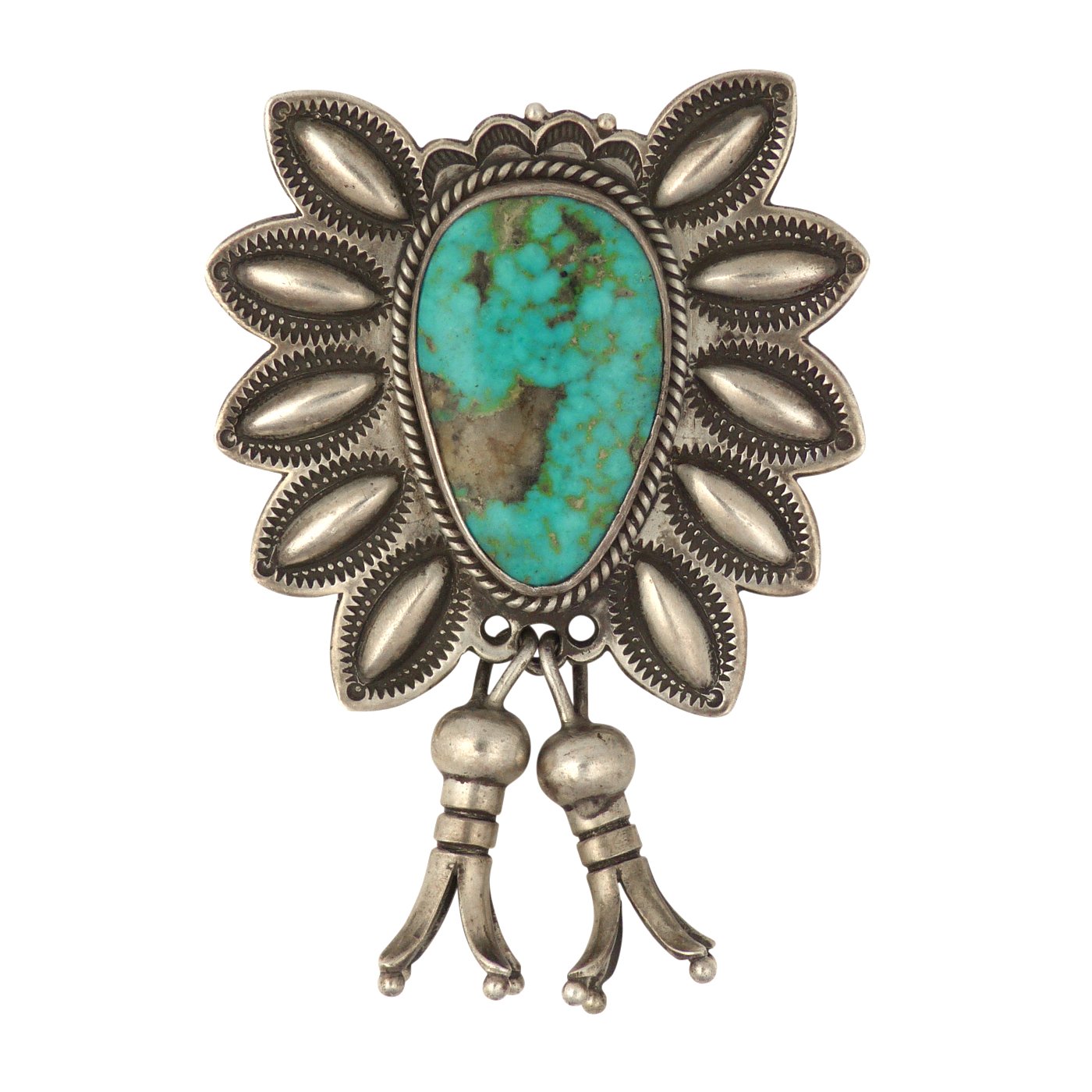 Perry Shorty, Navajo Stamped Silver Pin with Turquoise Cabochon and ...