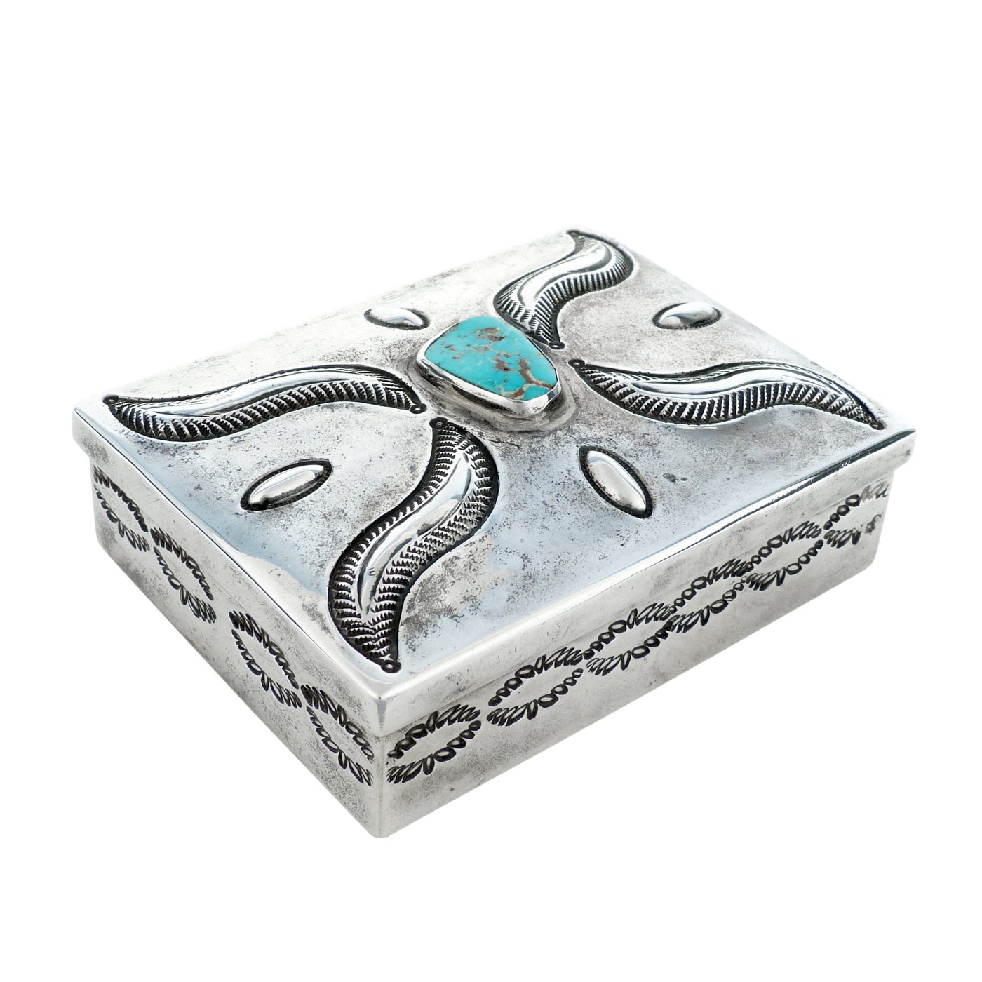 Navajo Stamped Ingot Silver Box with Repousse and Turquoise Cabochon, c ...