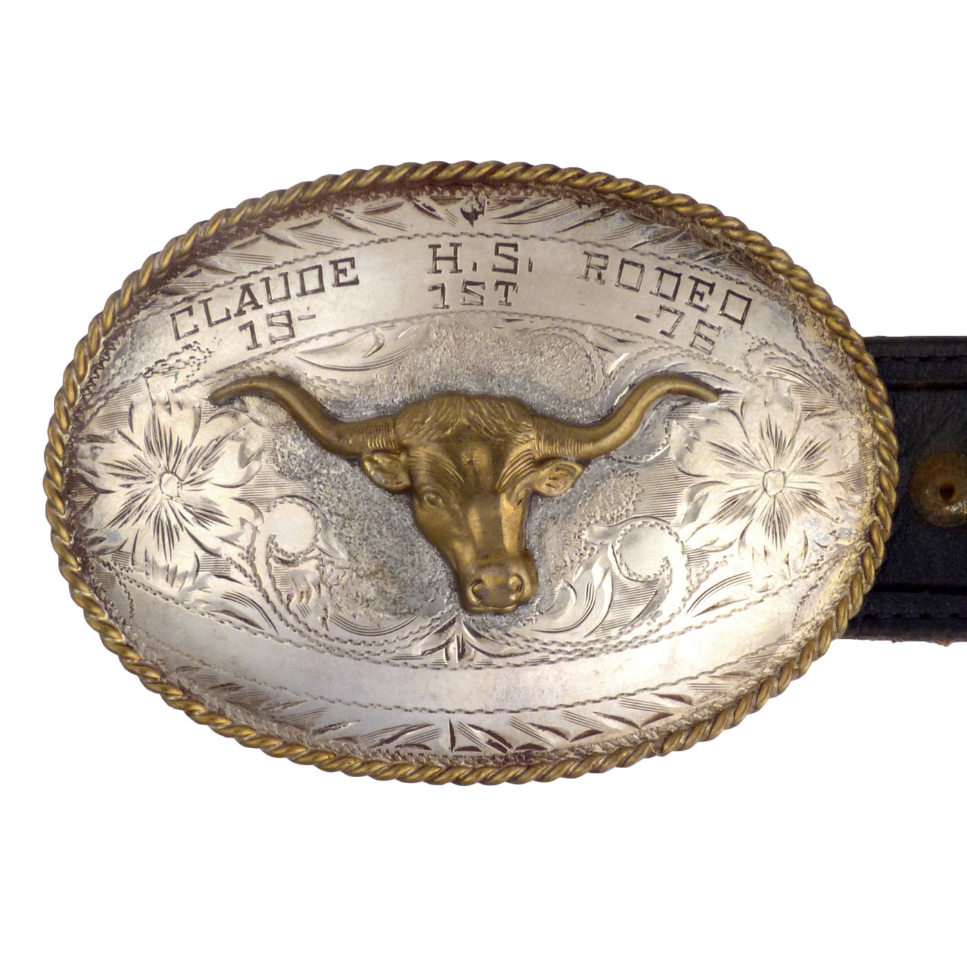 Silver and Brass Rodeo Trophy Buckle on Leather Belt | Shiprock Santa Fe