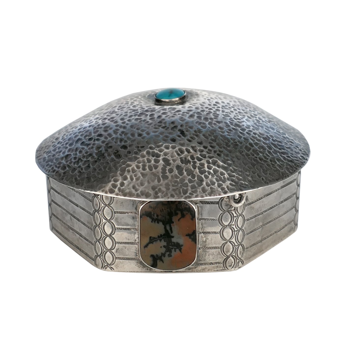 Navajo Stamped Silver Hogan Box with Turquoise and Agate Cabochon, c ...