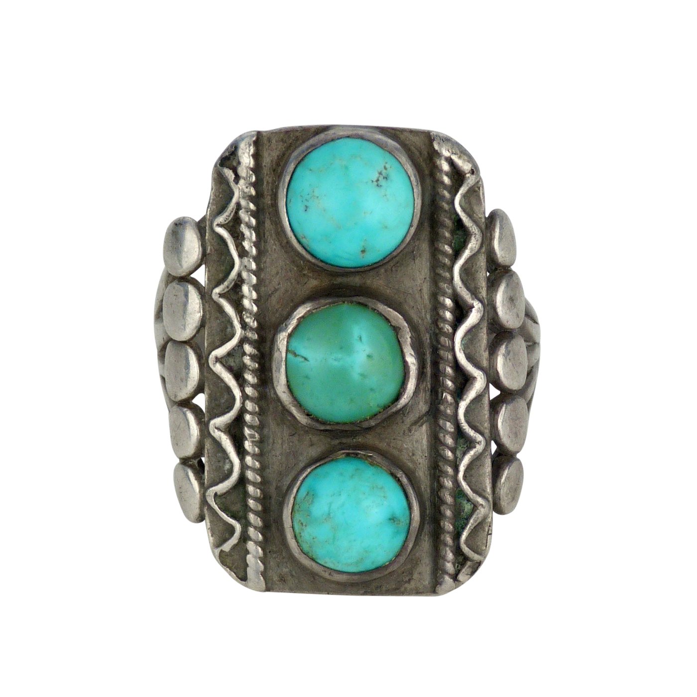 Navajo Silver Split Shank Ring with Three Turquoise Cabochons, c.1920 ...