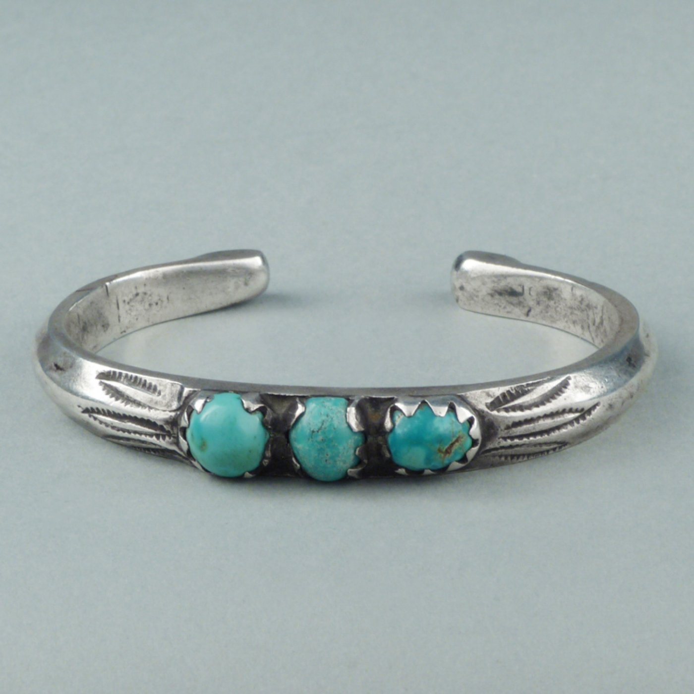 Set of Three Stamped Silver Bracelets with Turquoise and Hubbell Glass ...