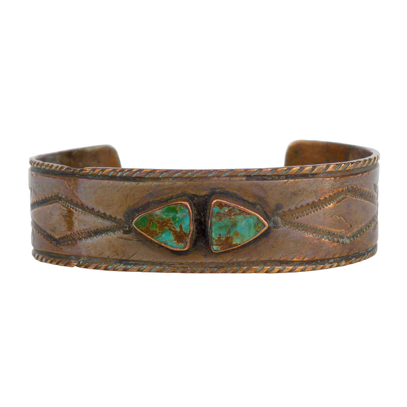 Navajo Stamped Copper Bracelet with Two Turquoise Cabochons, c.1910 ...