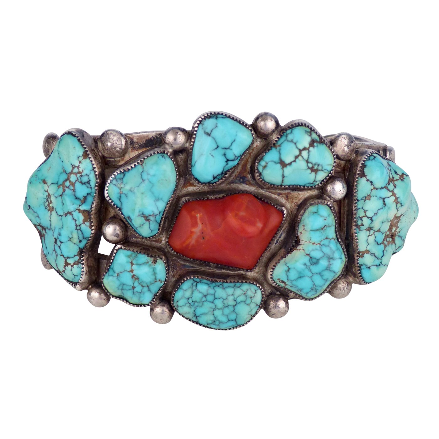 Dan Simplicio, Zuni Stamped Silver Cluster Cuff with #8 Turquoise ...