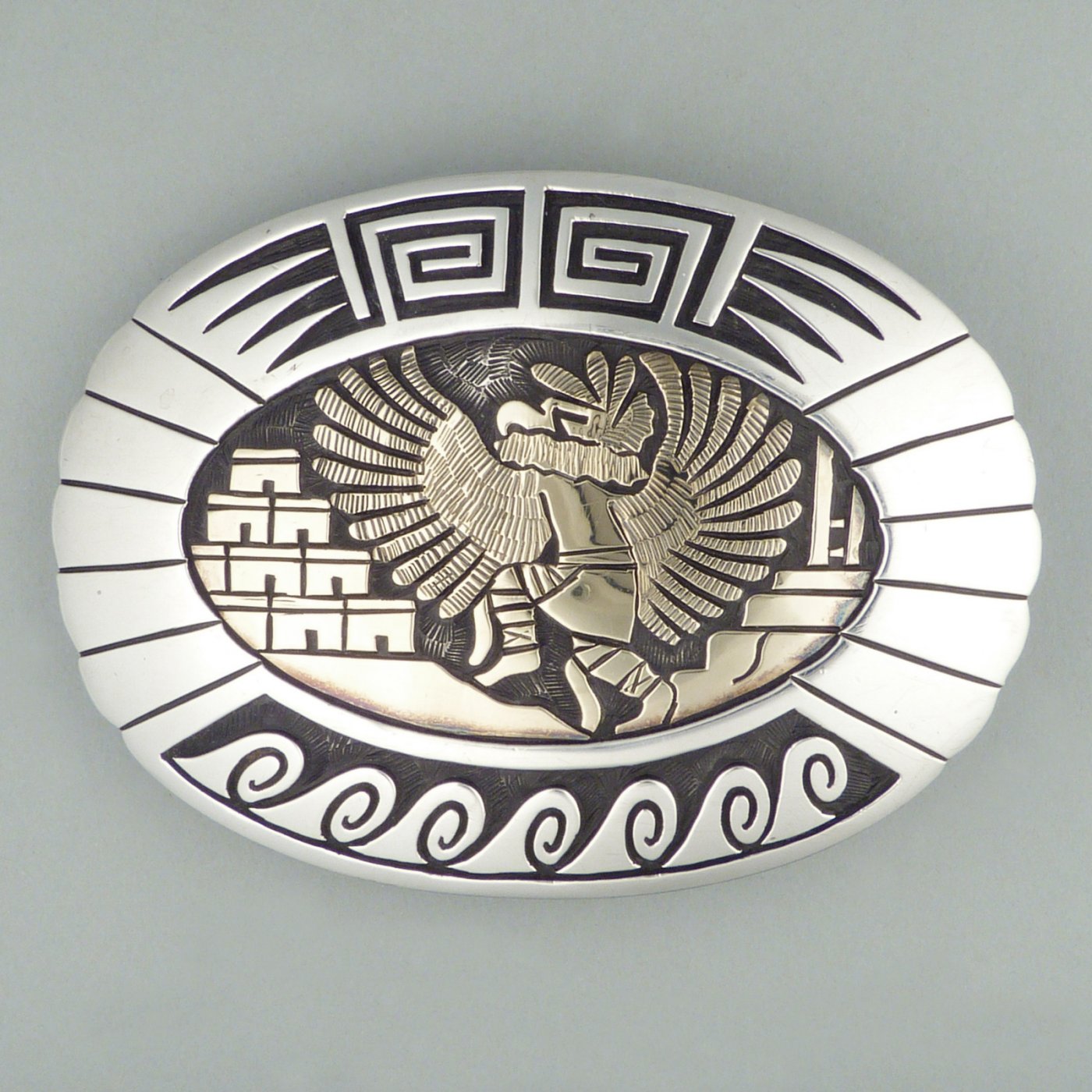 Watson Honanie Hopi Silver Belt Buckle with Gold Overlay and Eagle ...