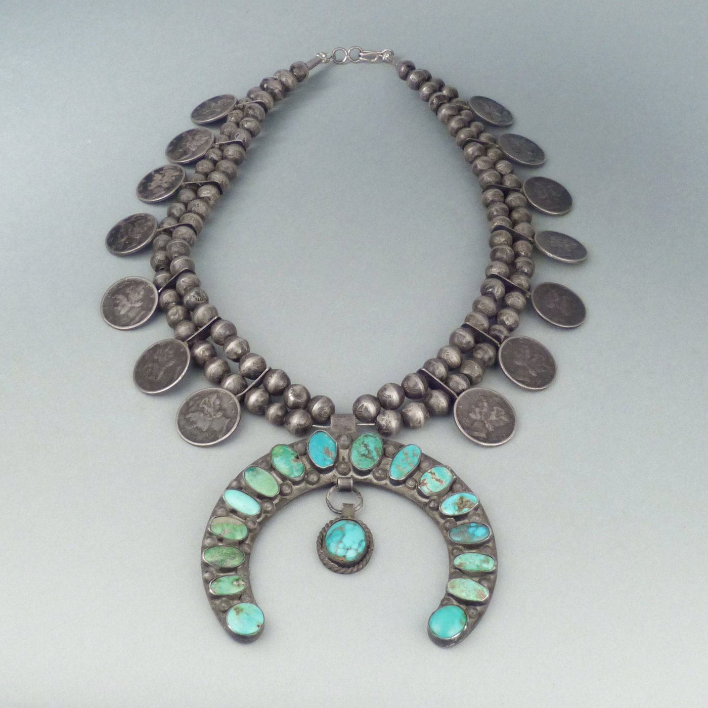 Navajo Silver Bead Necklace with Coins and Turquoise Naja, c.1940 ...