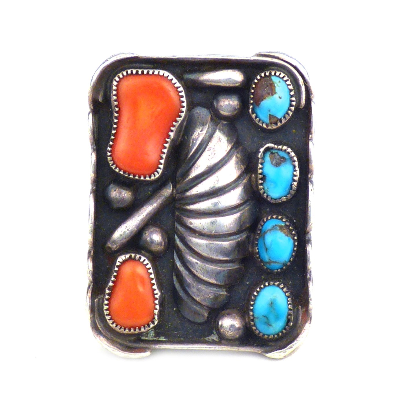 Tim Kee Whitman, Navajo Silver Ring with Turquoise and Coral Cabochons ...