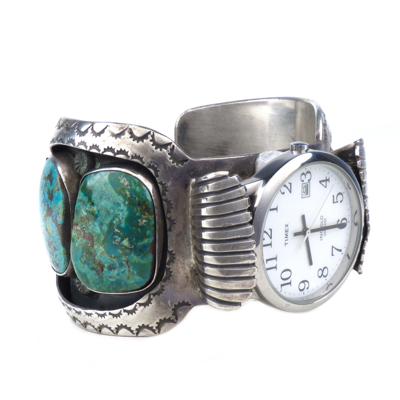 Navajo Wide Stamped Silver Watch Cuff with Turquoise Cabochons, c.1970 ...