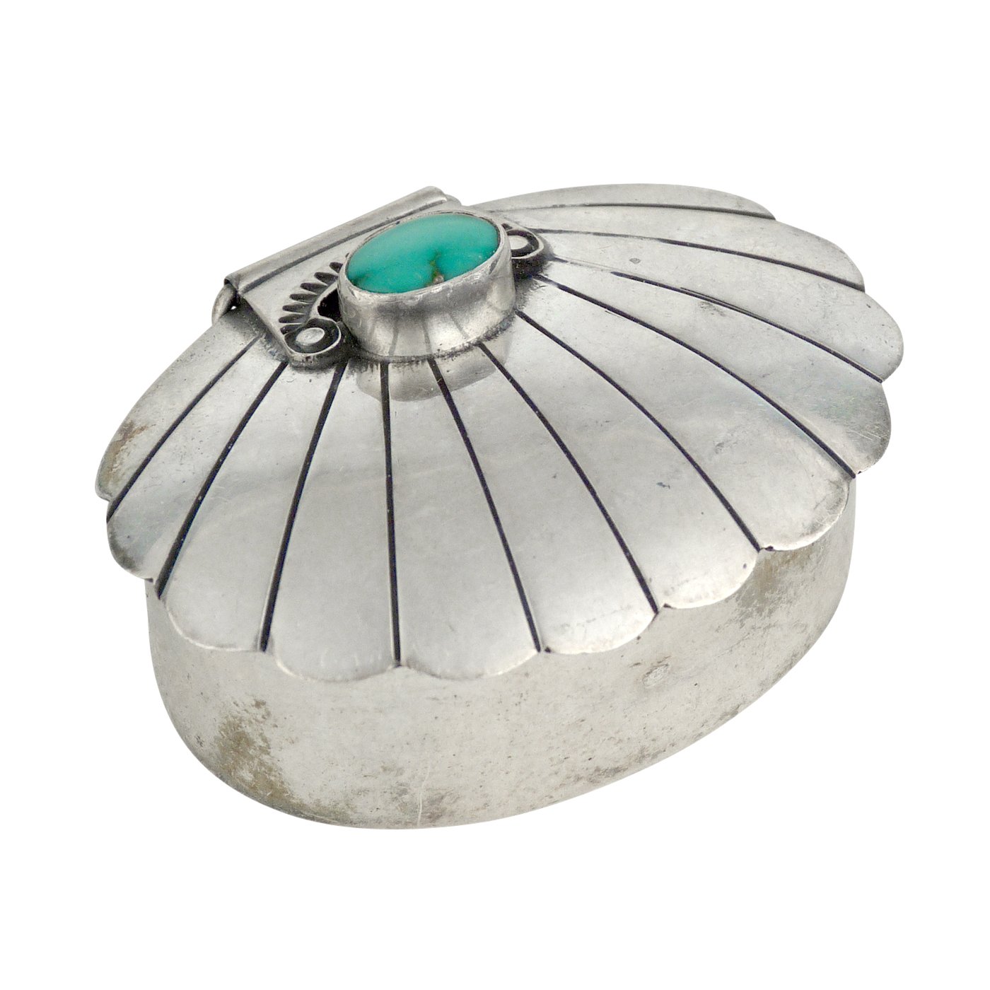 Navajo Stamped Silver Clamshell Box with Turquoise Cabochon, c.1950 ...
