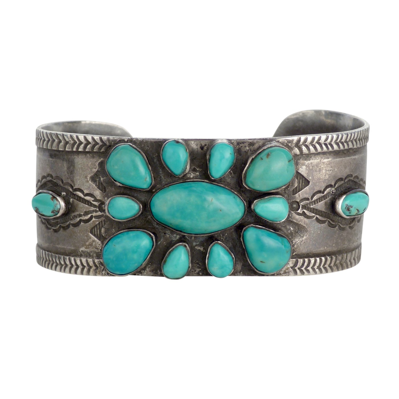 Navajo Stamped Silver Bracelet with Thirteen Turquoise Cabochons, c ...