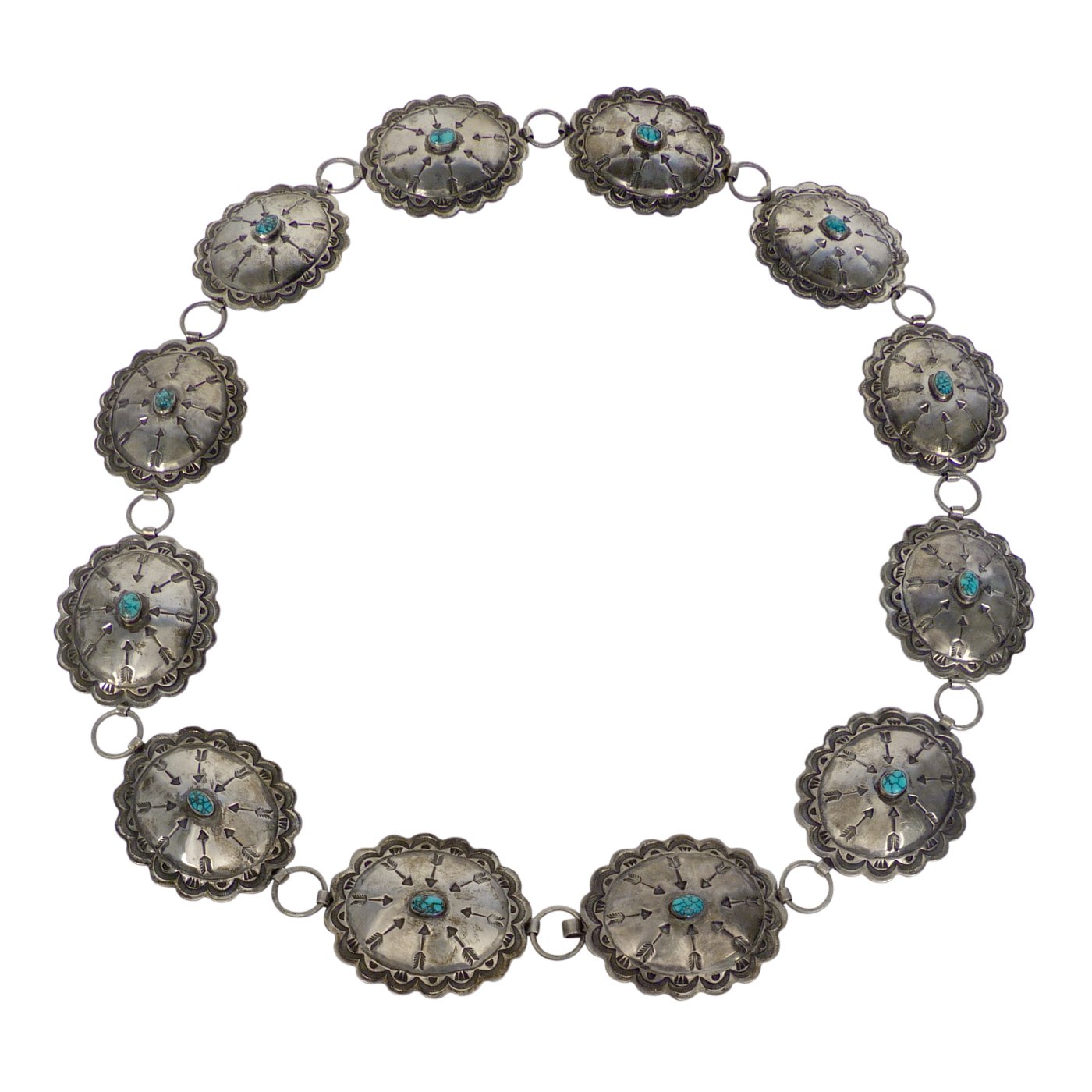 Navajo Stamped Silver Concha Link Belt with Turquoise Cabochons ...