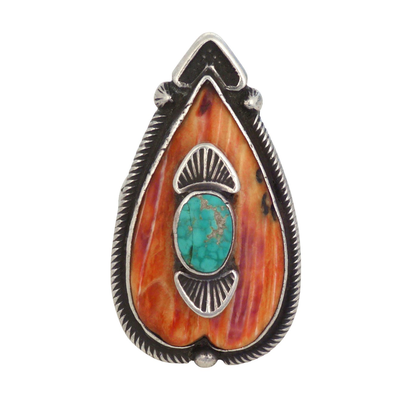 Harry H Begay, Stamped Silver Ring with Spiny Oyster and Turquoise ...