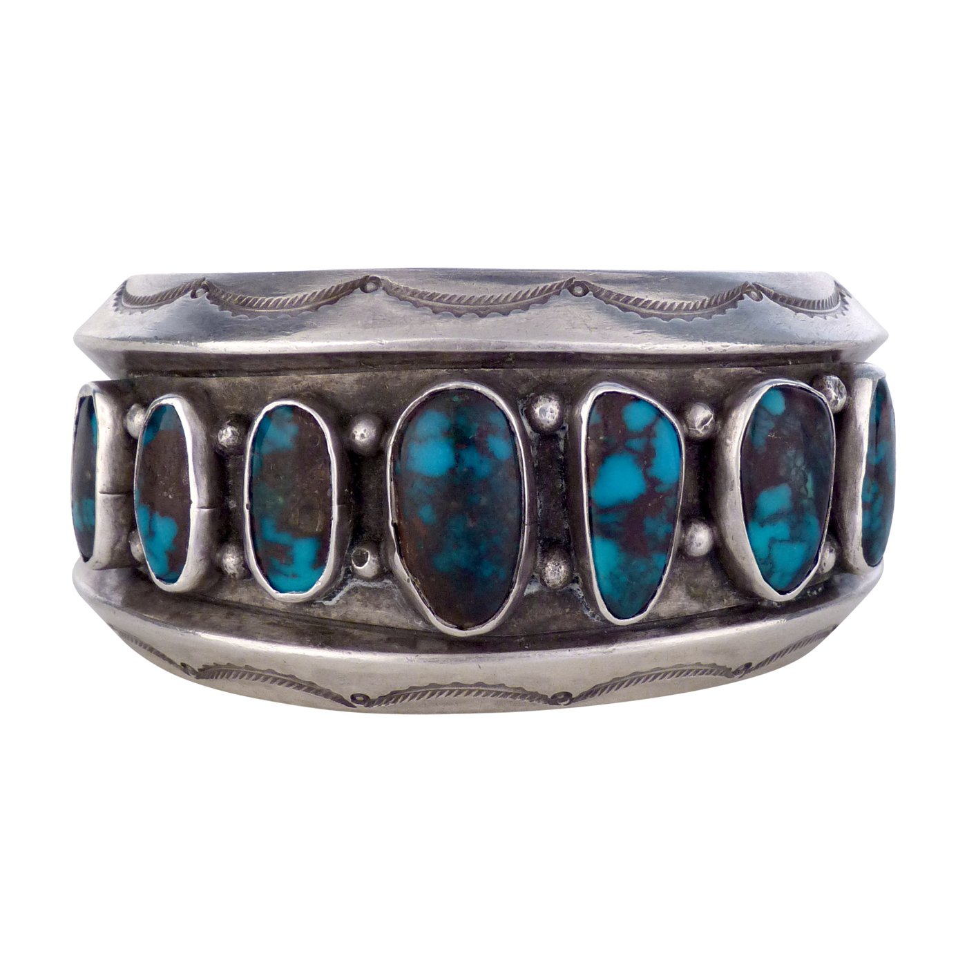 Mark Chee, Navajo Silver Bracelet with Seven Bisbee Turquoise Cabochons ...