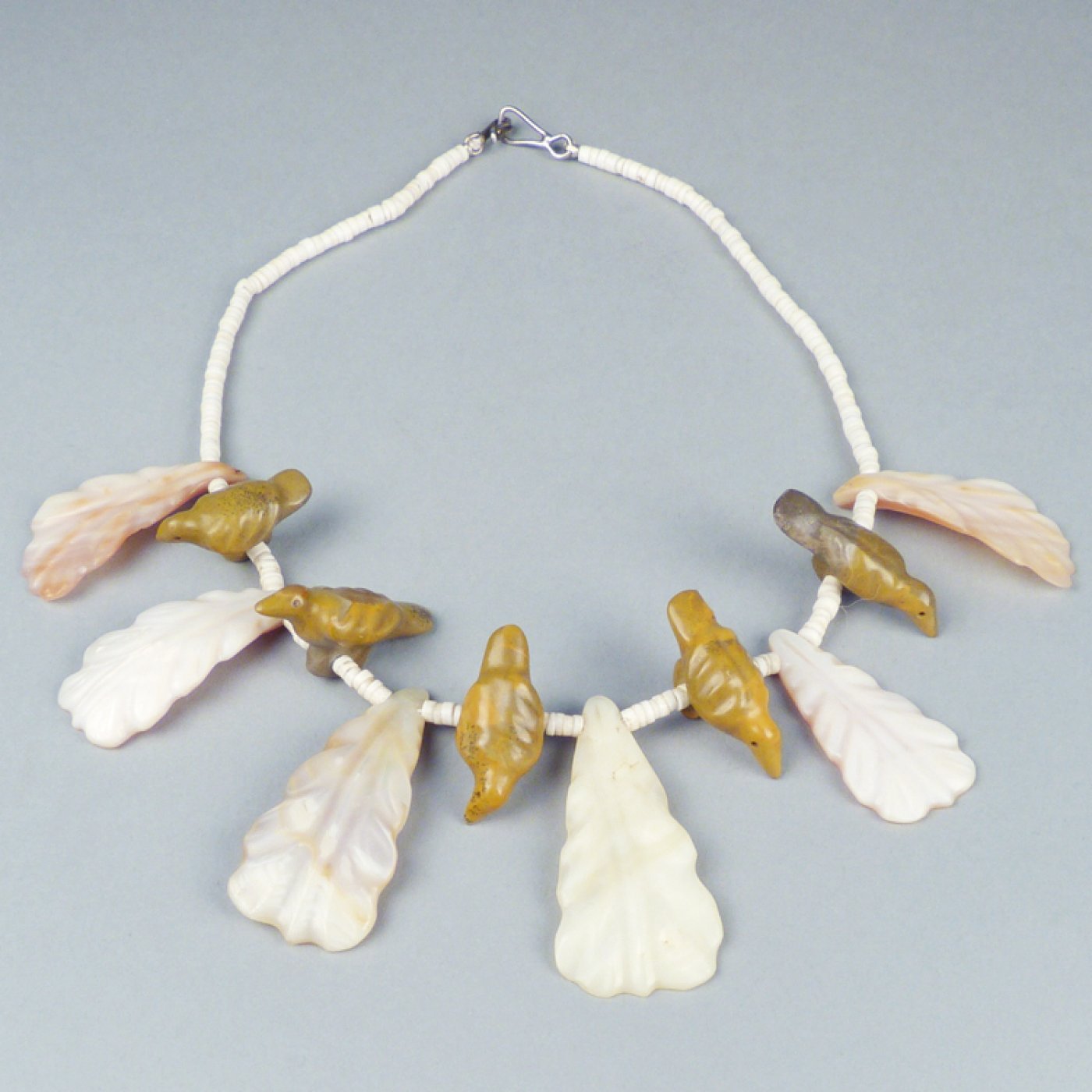 White Clam Shell Necklace with Carved Zuni Stone Bird Fetishes ...