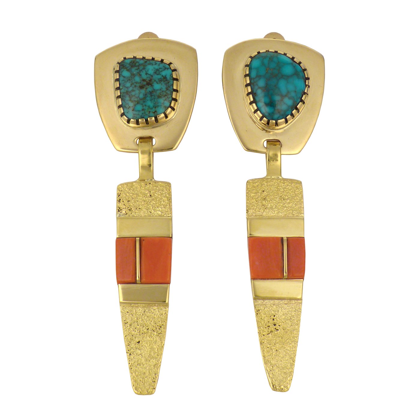 Sonwai, Hopi Gold Earrings with Coral Inlay and Lone Mountain Turquoise ...
