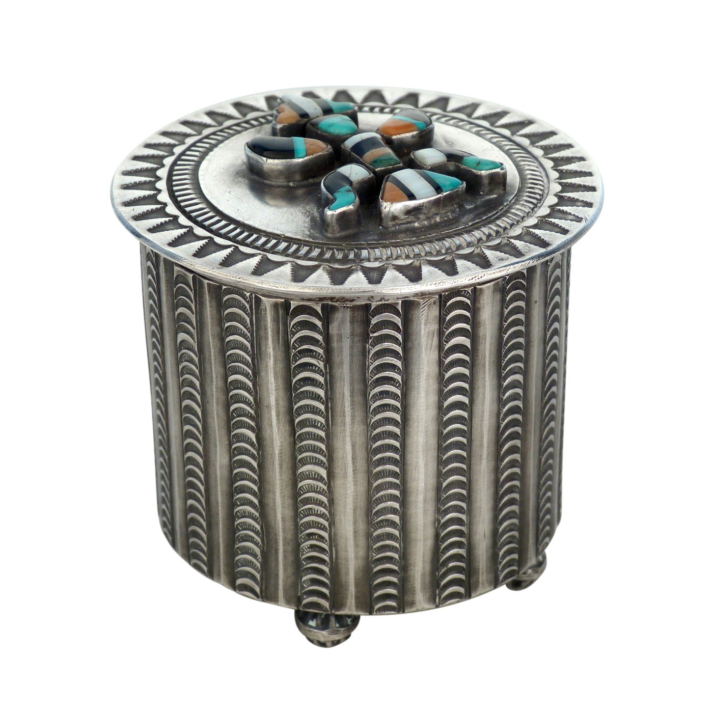 Zuni Stamped Silver Box with Knifewing Inlay, c.1950 | Shiprock Santa Fe