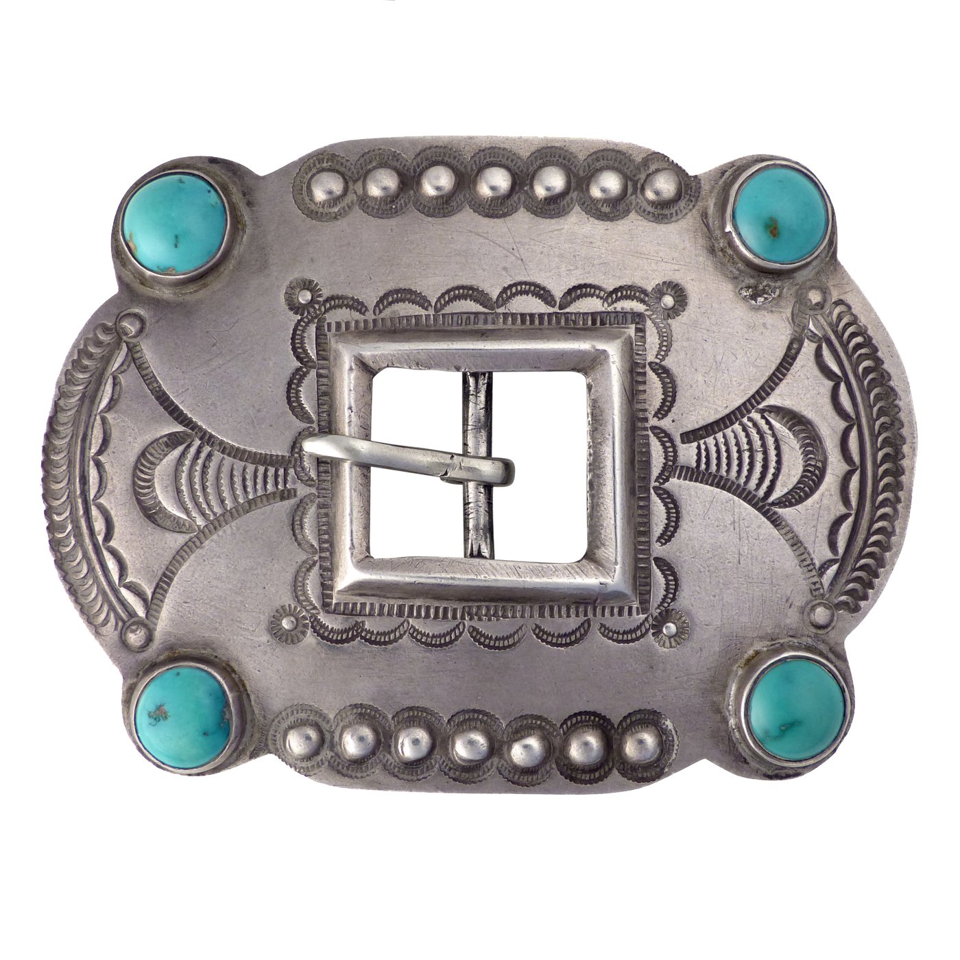 Navajo Stamped Silver Belt Buckle with Turquoise Cabochons, c.1930 | Shiprock Santa Fe