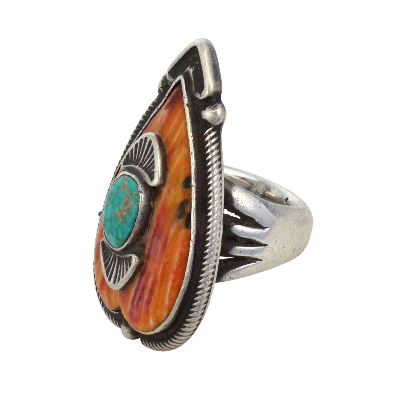 Harry H Begay, Stamped Silver Ring with Spiny Oyster and Turquoise ...