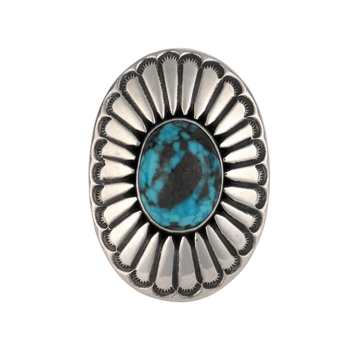 Kenneth Begay, Navajo Silver Ring with Persian Turquoise Cabochon ...