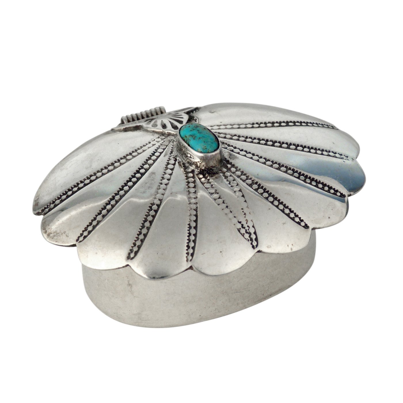 Navajo Stamped Silver Clamshell Box with Turquoise Cabochon, c.1950 ...