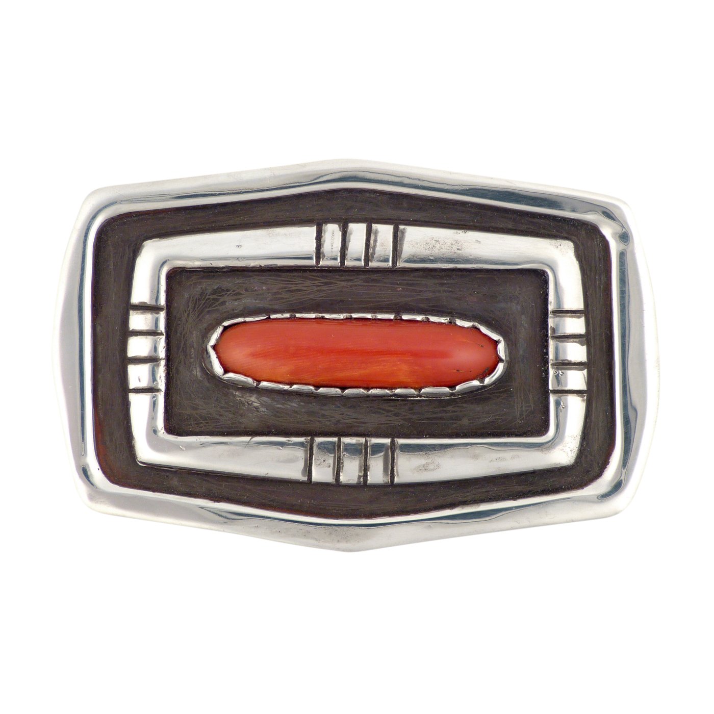 Julian Lovato, Navajo Silver Belt Buckle with Coral Cabochon | Shiprock ...