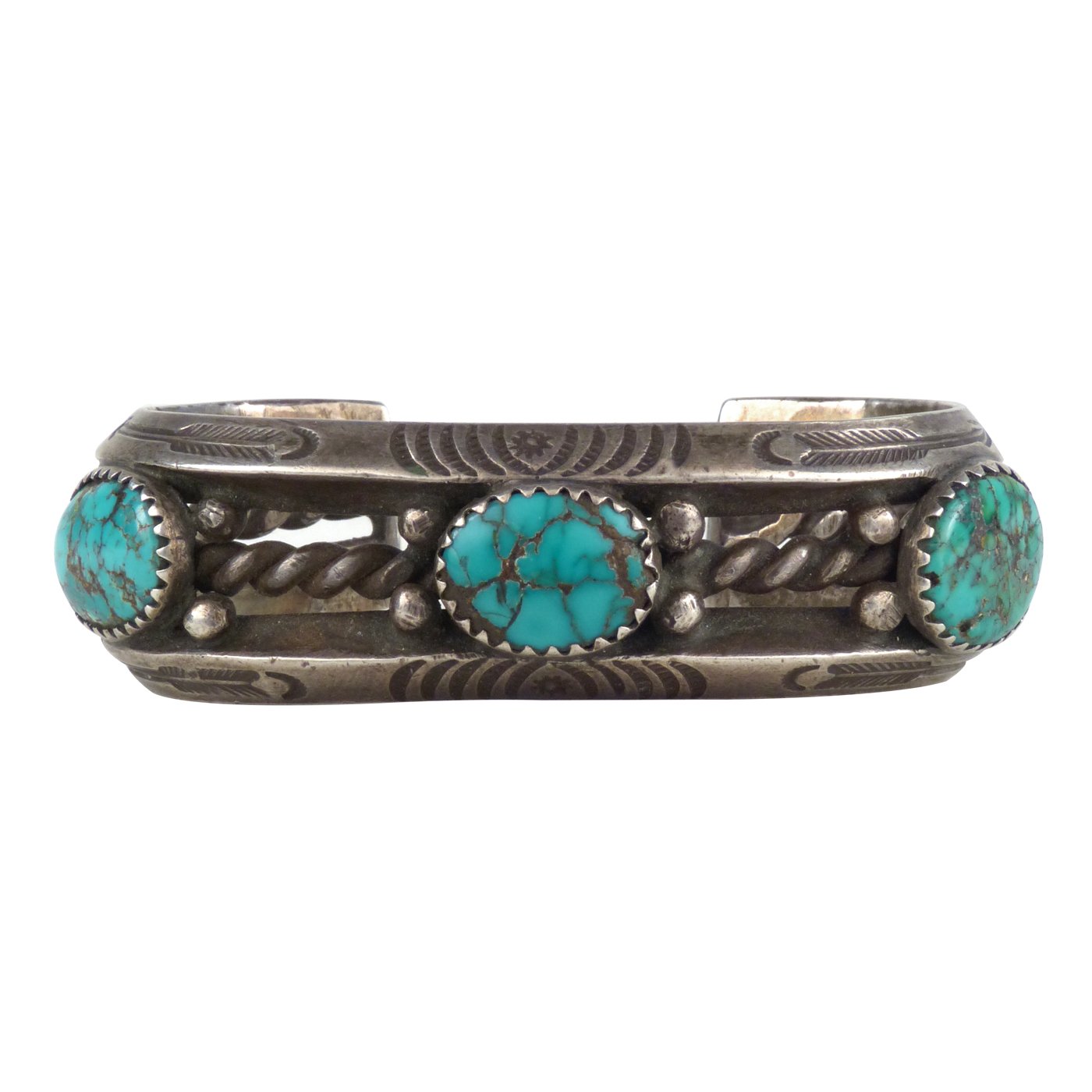 Navajo Double Triangle Wire Cuff with Twisted Wire and Turquoise, c ...