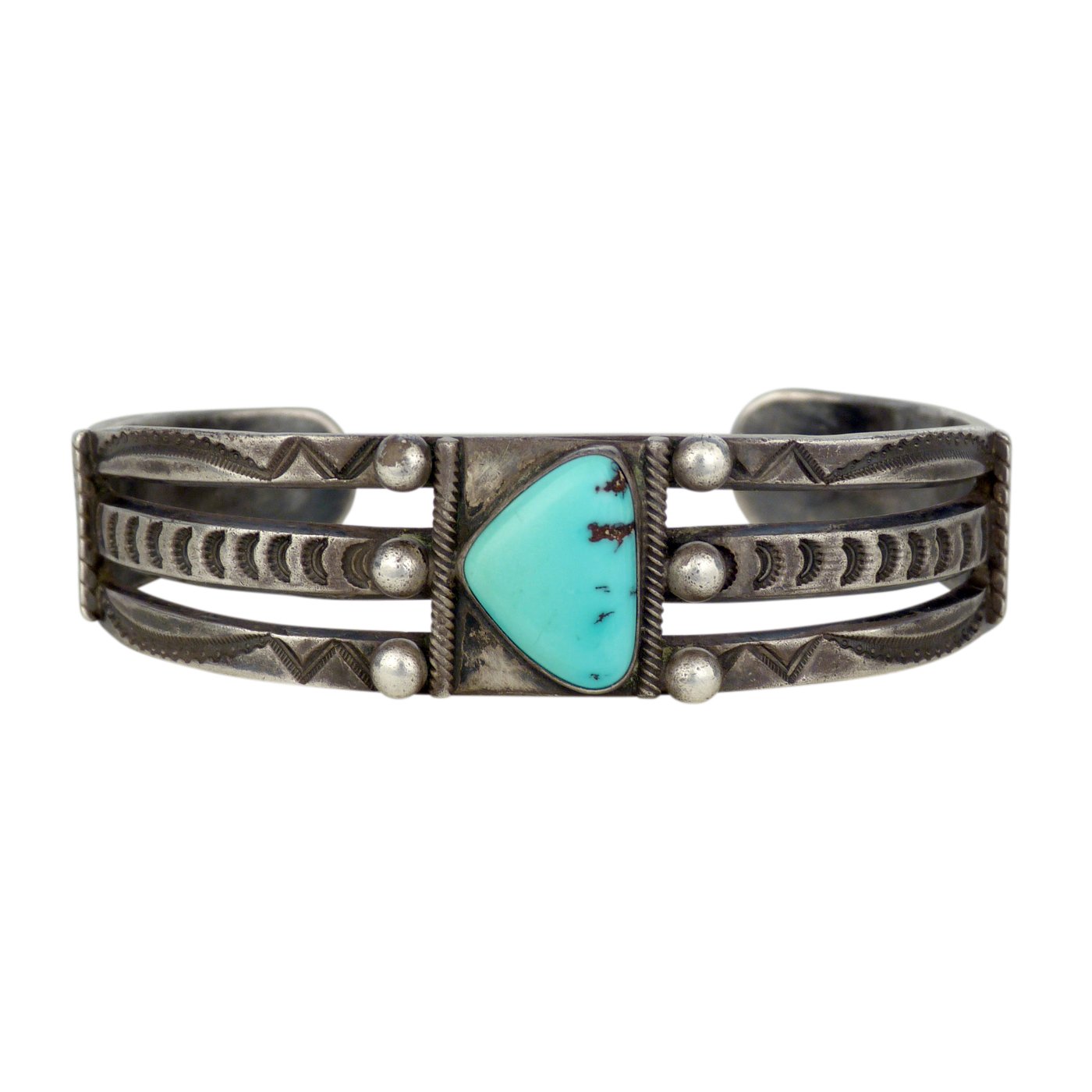 Navajo Stamped Silver Split Bracelet with Turquoise Cabochon, c.1940 ...