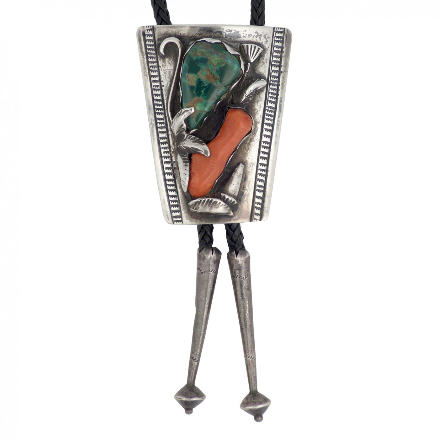 Dan Simplicio, Zuni Silver Bolo Tie with Coral and Turquoise, c.1950 ...