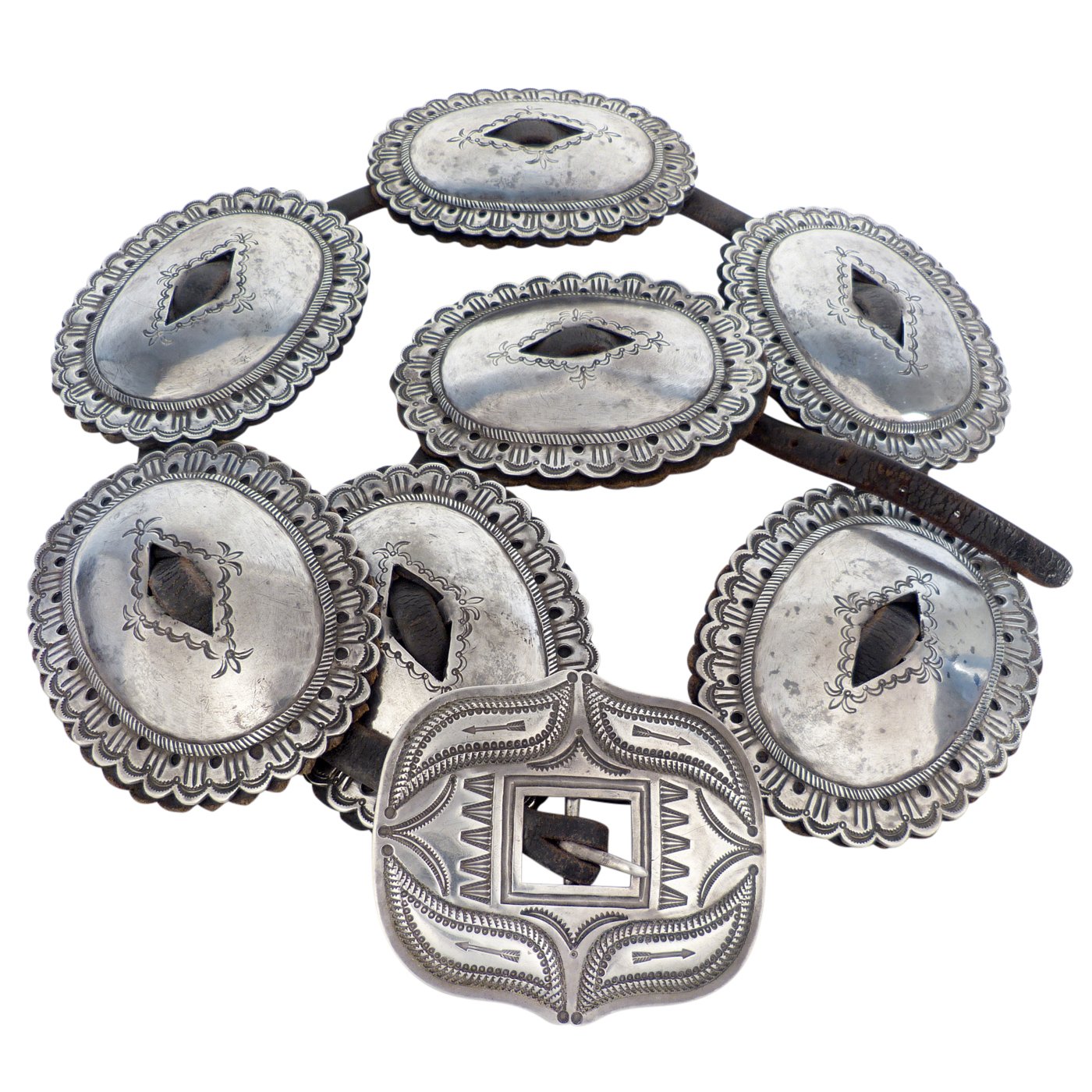 Navajo First Phase Stamped Silver Concho Belt, c.1910 | Shiprock Santa Fe